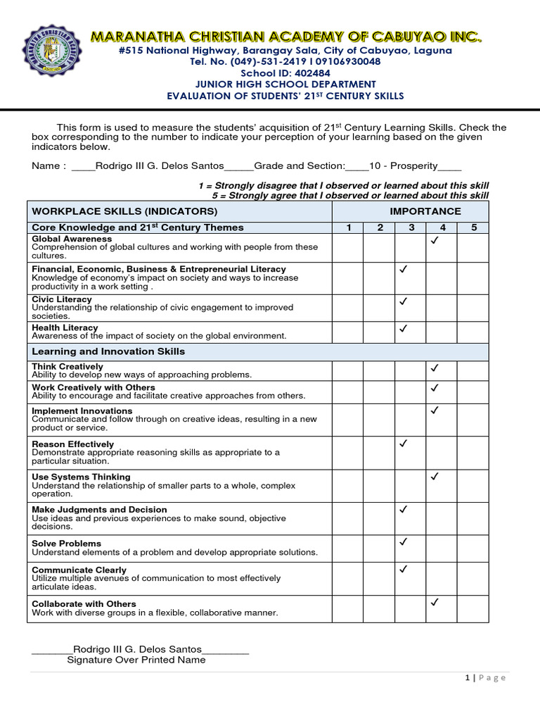 Evaluation 21st Century Skills Template Delos Santos Pdf Literacy