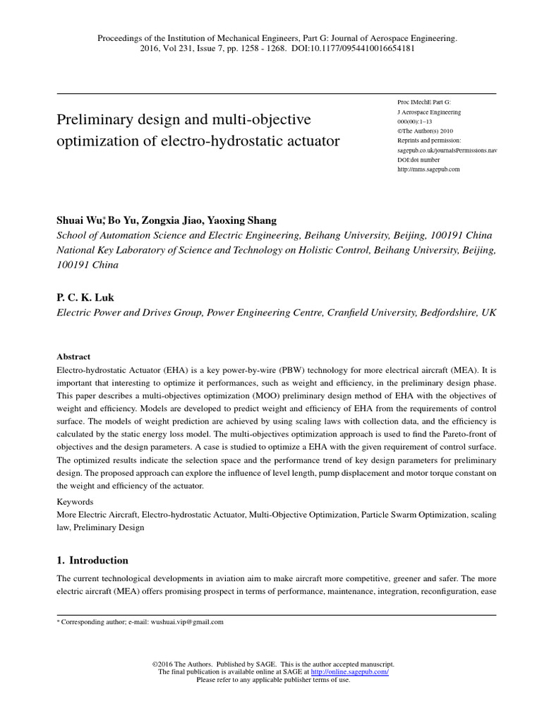 Preliminary Design and Multi-Objective Optimization of Electro-Hydrostatic Actuator-2016 | PDF ...