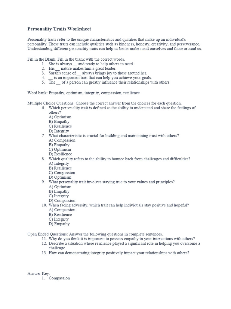 Personality Traits Worksheet Guide | PDF | Psychological Resilience ...