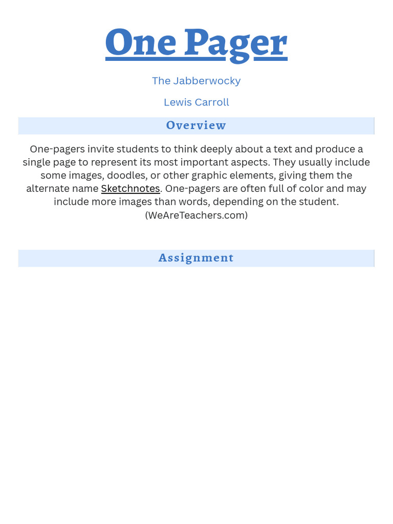 One-Pager Assignment: The Jabberwocky | PDF