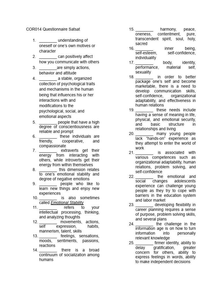 COR014-Questionnaire | PDF | Self Esteem | Adolescence