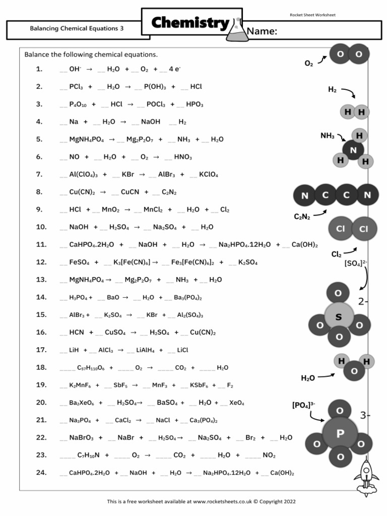 C1 Balancing Chemical Equations - Hard - Worksheet - Rocket Sheets | PDF