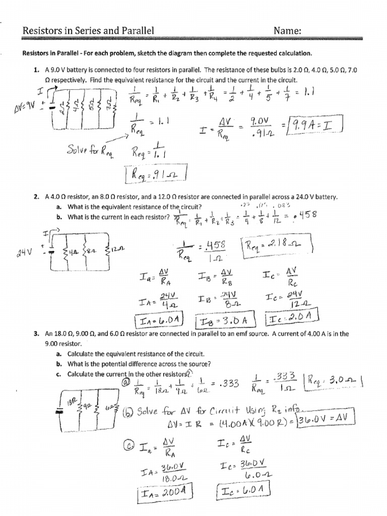 Resistors in Series and Parallel Worksheet Solutions | PDF
