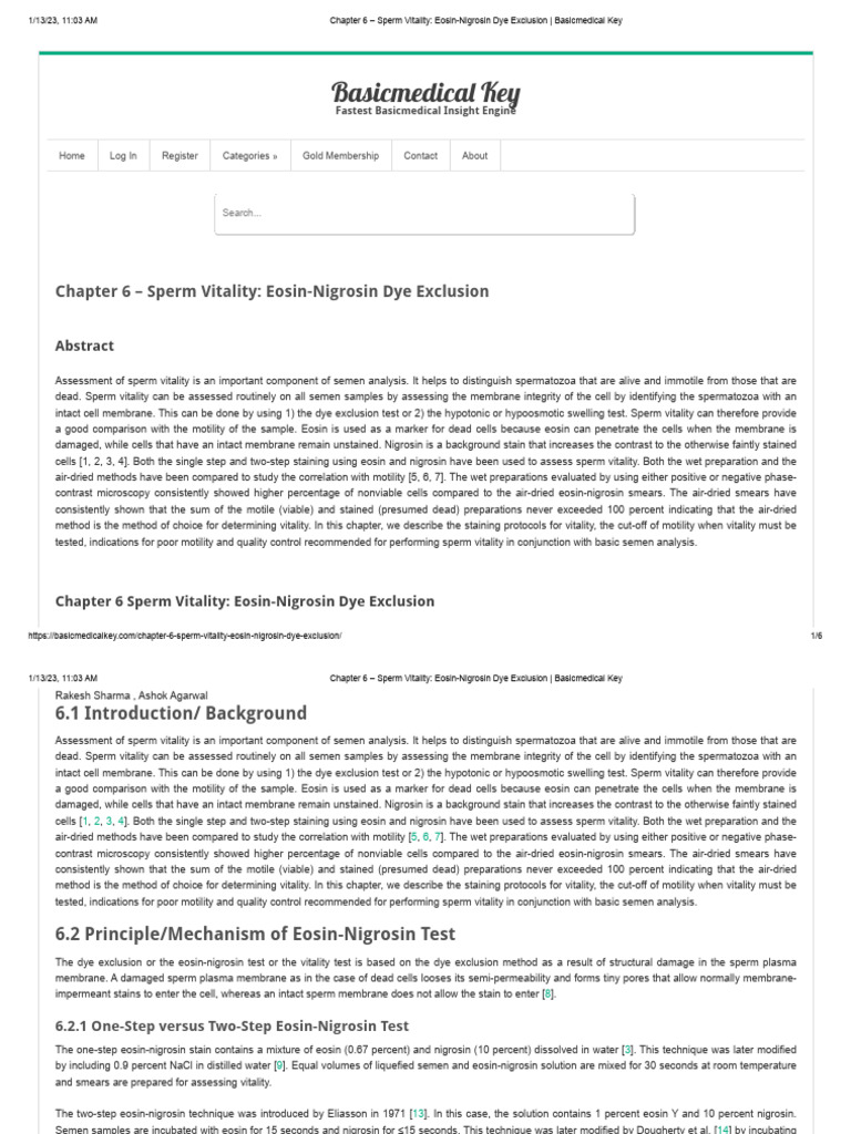 Chapter 6 - Sperm Vitality - Eosin-Nigrosin Dye Exclusion - Basicmedical Key | PDF | Staining ...
