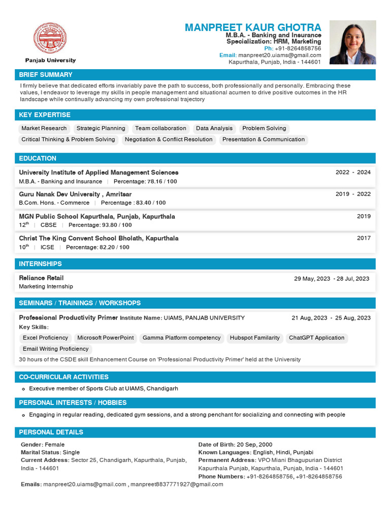 Manpreet Kaur Ghotra: Brief Summary | PDF | Punjab | Business