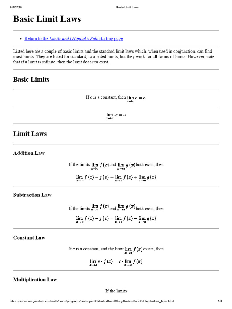 Week 002 Topic 2 List of Basic Laws of Limits | PDF | Abstract Algebra ...
