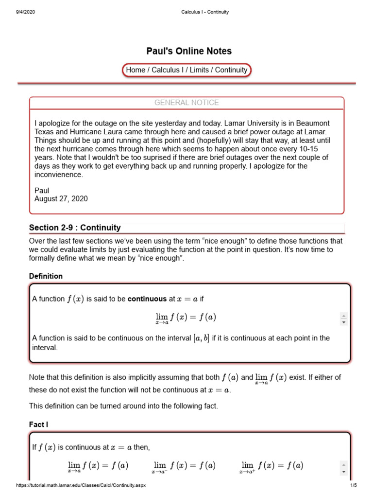 Week 003 Calculus I - Continuity | PDF | Function (Mathematics) | Continuous Function