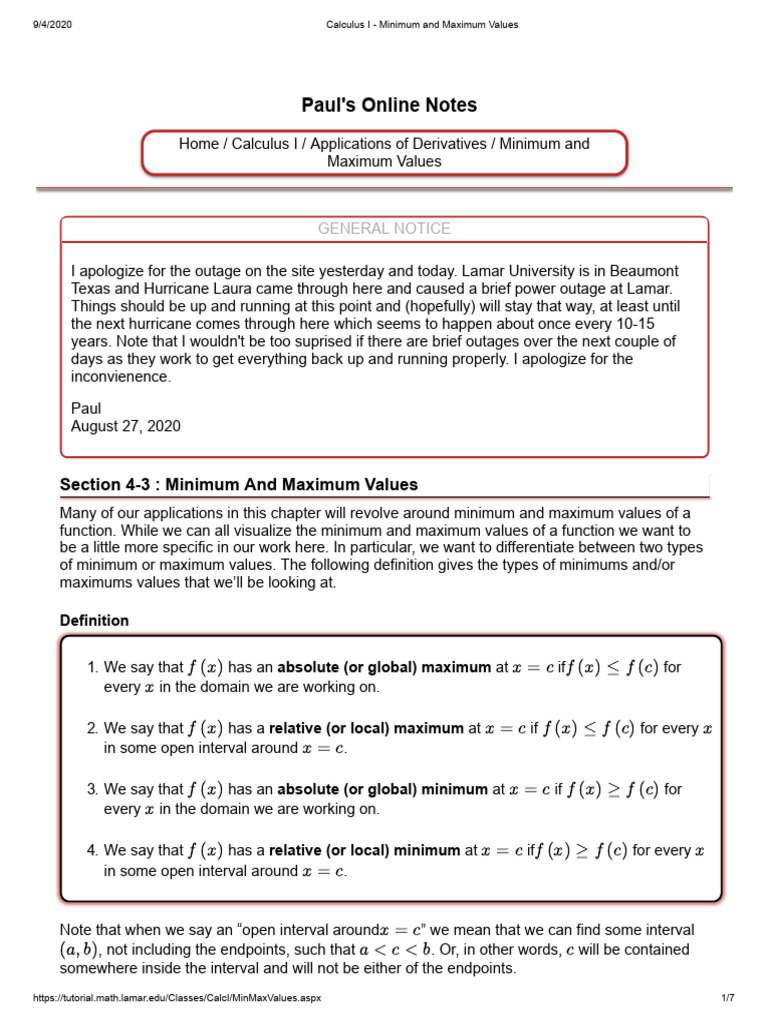 Week 004 Calculus I - Minimum and Maximum Values | PDF | Function ... Week 004 Calculus I - Minimum and Maximum Values | PDF | Function ...
