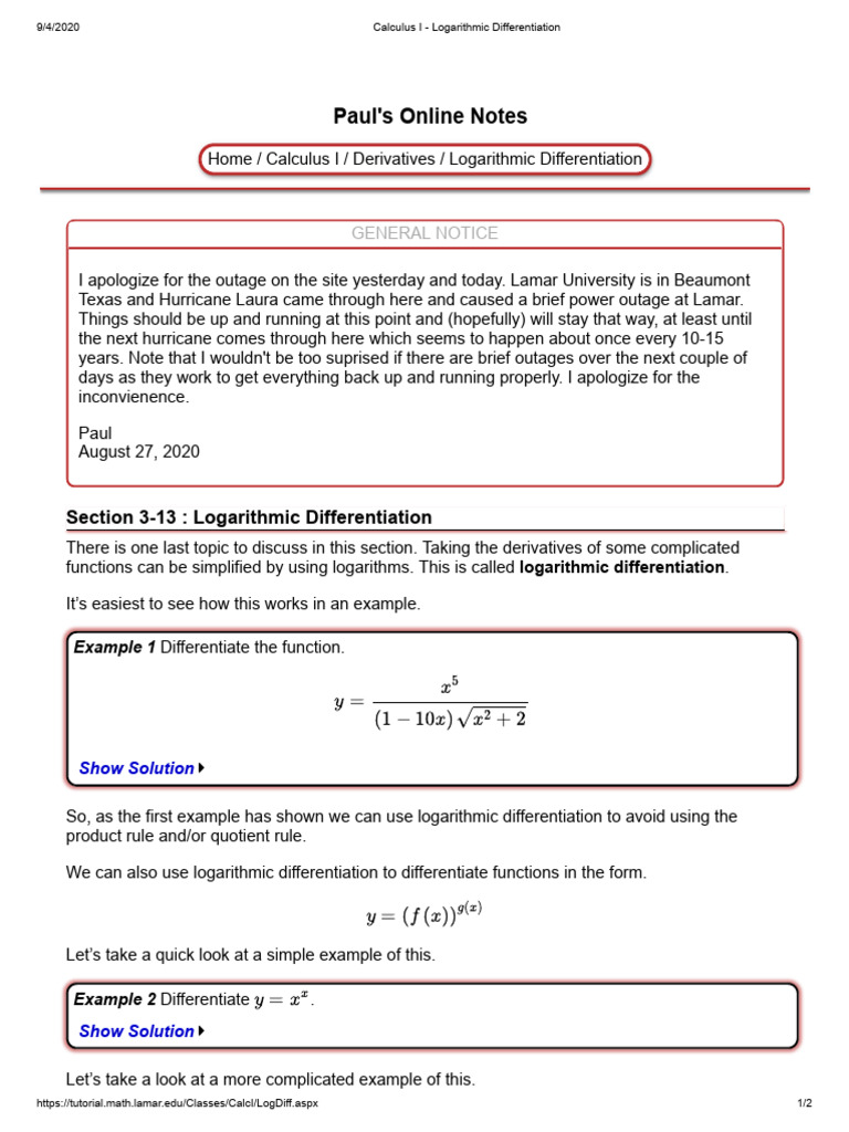 Week 007 Calculus I - Logarithmic Differentiation | PDF | Derivative ...
