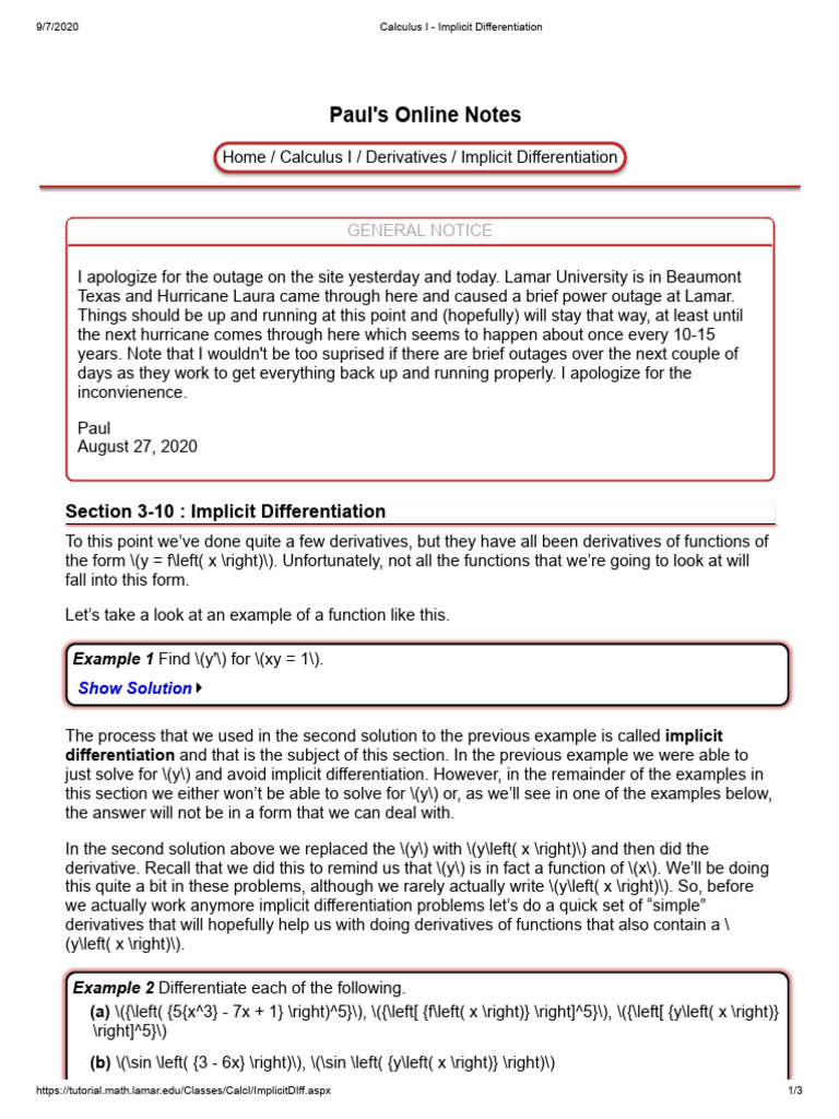 Week 011 Calculus I Implicit Differentiation Pdf Derivative Function Mathematics