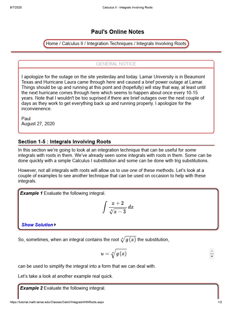 Week 012 Calculus II - Integrals Involving Roots 1 | PDF | Integral | Area