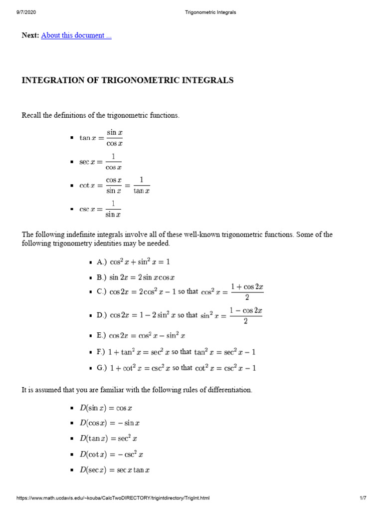 Week 012 Trigonometric Integrals | PDF | Integral | Trigonometric Functions