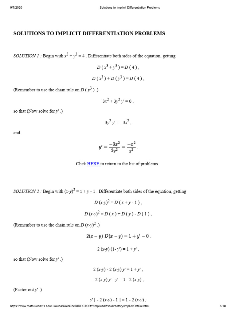 Week 011 Solutions To Implicit Differentiation Problems | PDF | Tangent | Equations