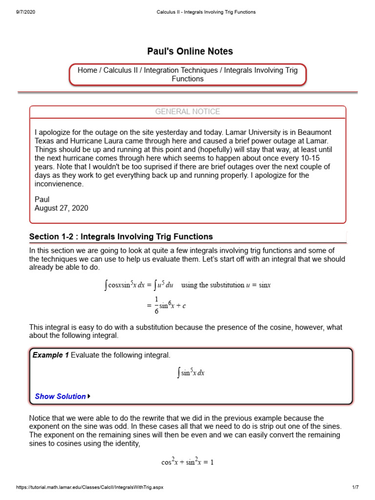 Week 012 Calculus II - Integrals Involving Trig Functions | PDF ...