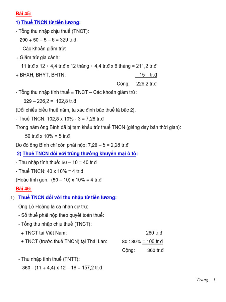 Dap An Bai Tap Thue TNCN (Bai 45, 46, 47, 48, 49) | PDF