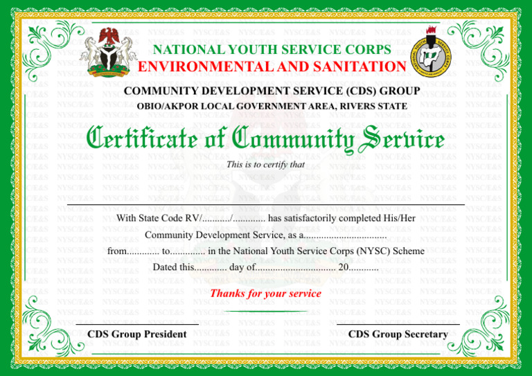 NYSC Community Service Certificate | PDF