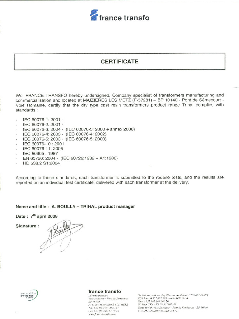 TRAFO SECO Certificado CEI 60076 | PDF