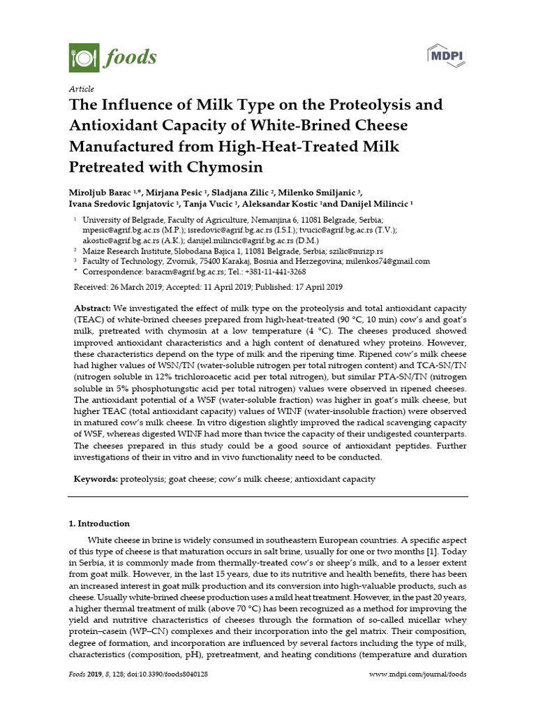 The Influence of Milk Type On The Proteolysis and Antioxidant Capacity ...