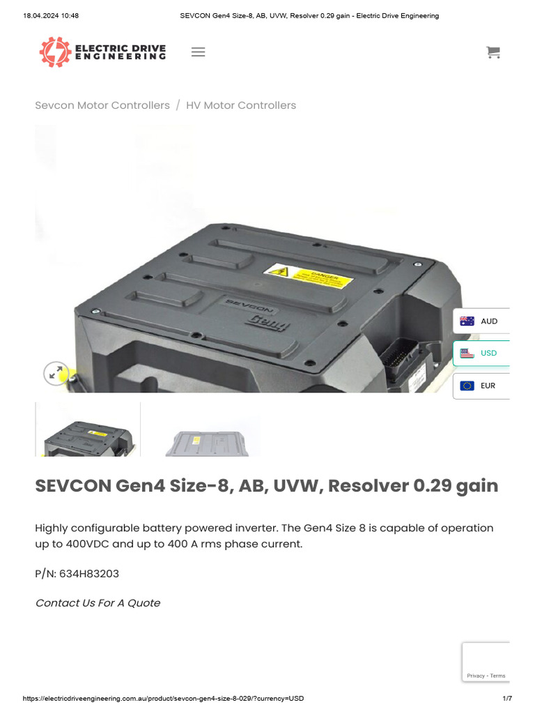 SEVCON Gen4 Size-8, AB, UVW, Resolver 0.29 Gain - Electric Drive ...