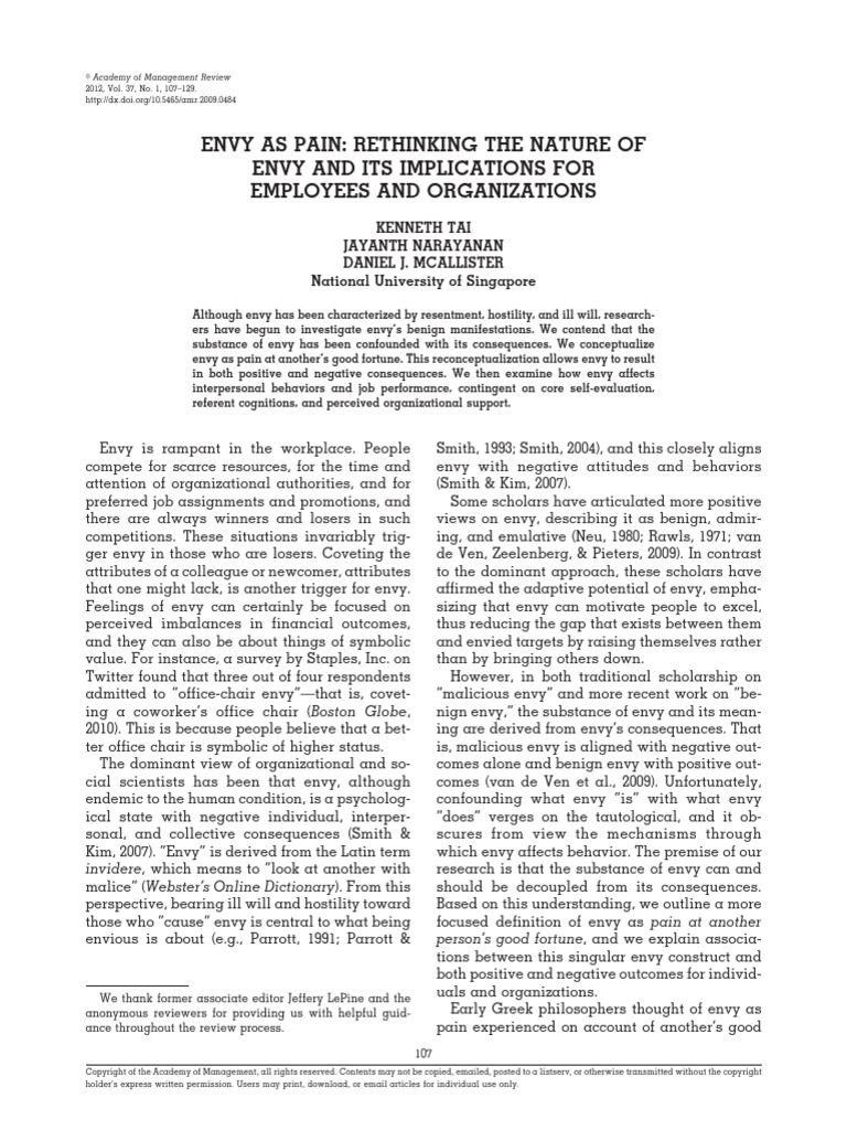 Tai Et Al. - 2012 - Envy As Pain Rethinking The Nature of Envy and It ...
