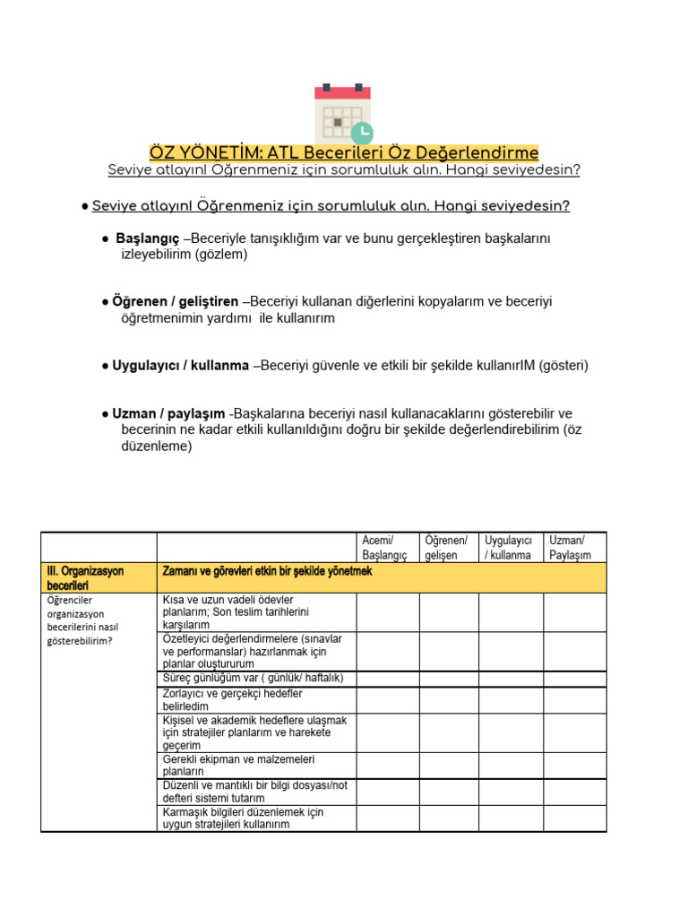 Self-Management ATL Skills Self Assessment | PDF