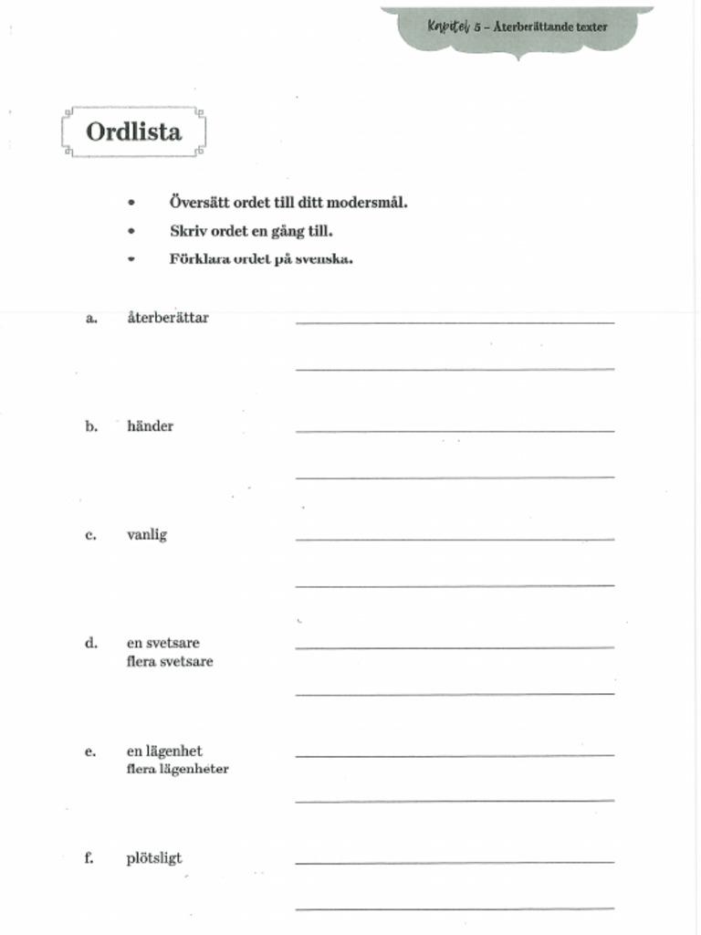 Ordlista Återberättande Text | PDF