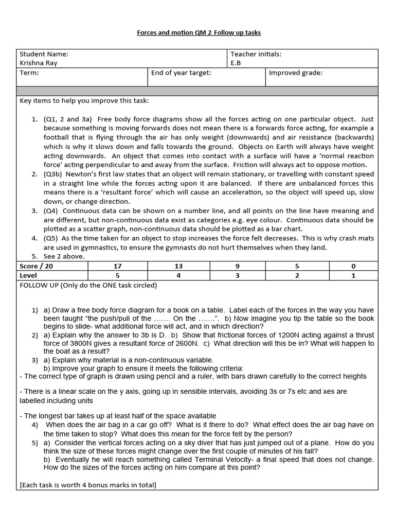 Forces and Motion QM 2 EBI Feedback Sheet | PDF | Force | Weight