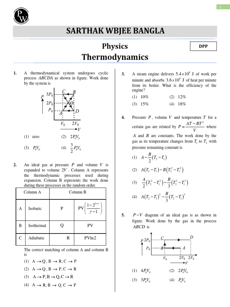 Thermodynamics MCQs for WBJEE Exam | PDF | Heat | Gases