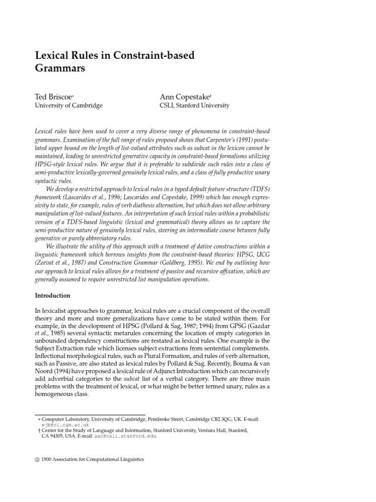 Lexical Rules in Constraint | PDF | Lexicon | Semantics