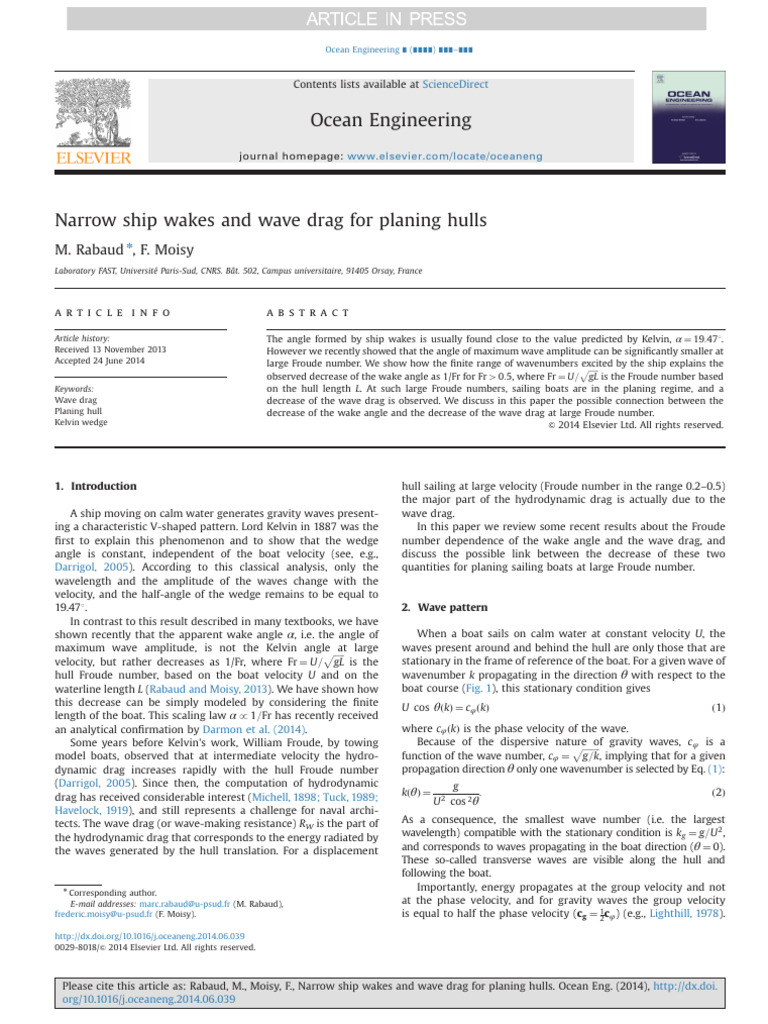 Narrow Ship Wakes and Wave Drag For Planing Hulls | PDF | Waves ...