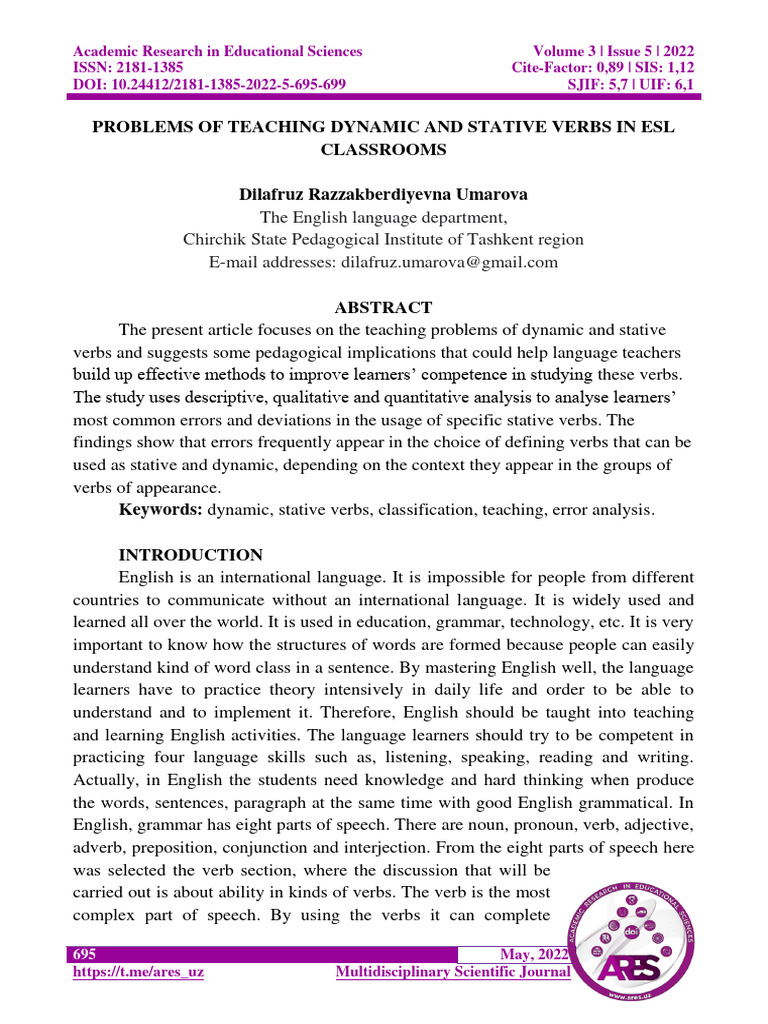 Problems of Teaching Dynamic and Stative Verbs in Esl Classrooms | PDF ...