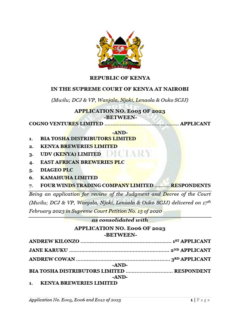 Applications Nos. E005 E006 and E012 of 2023 Bia Tosha Distributors KamahuhaLtd CognoVentures ...