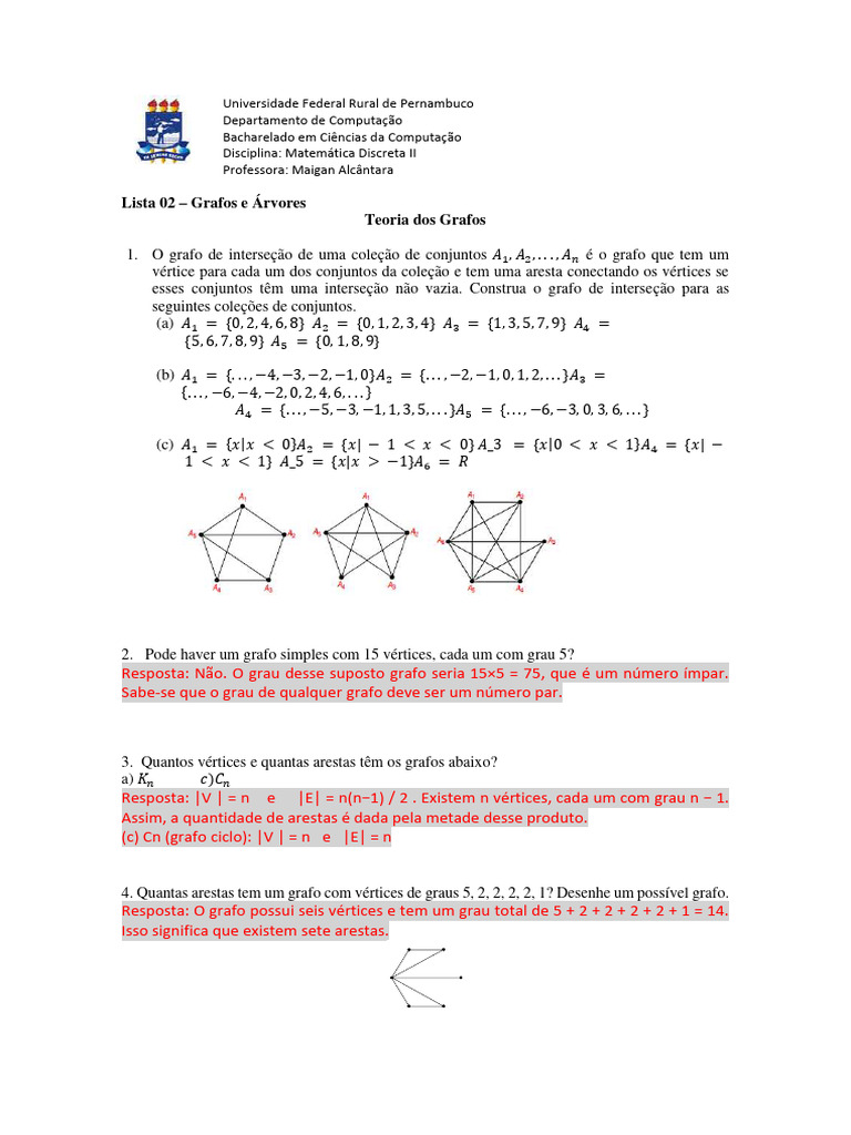 Lista de Exercícios sobre Grafos e Árvores | PDF | Teoria dos Gráficos | Vértice (teoria dos ...