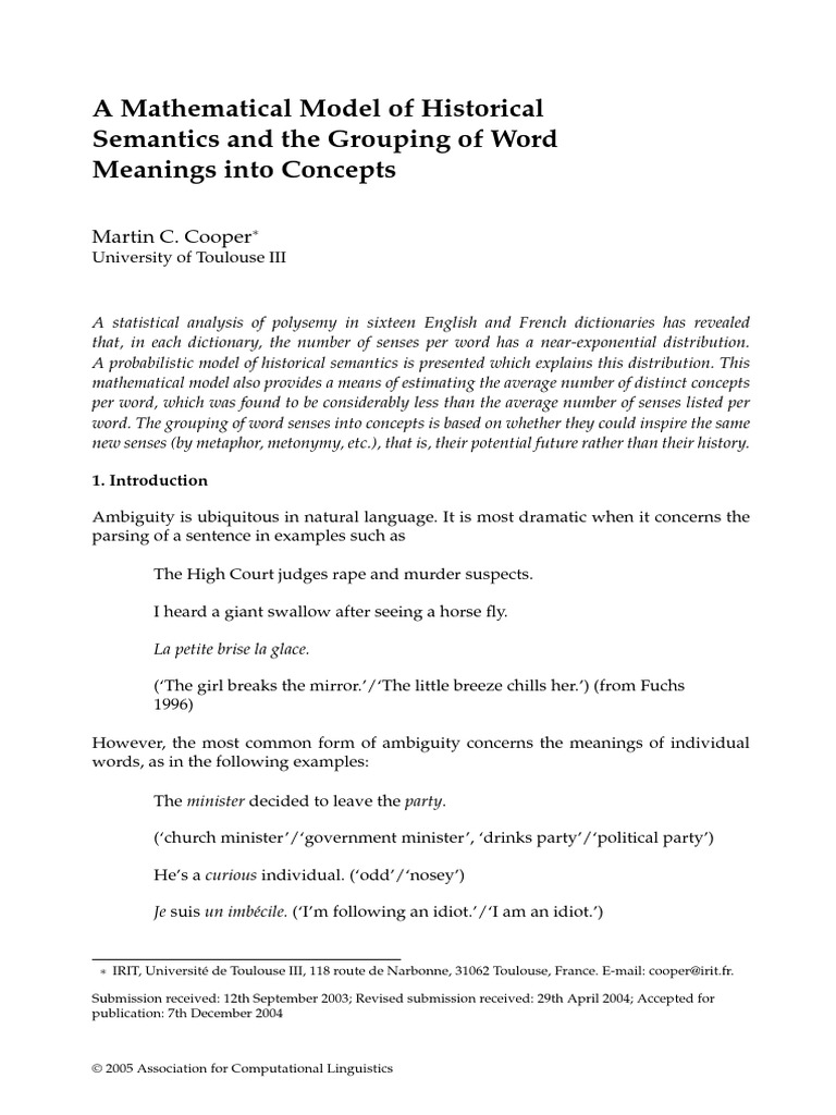 A Mathematical Model of Historical Semantics and The Grouping of Word ...