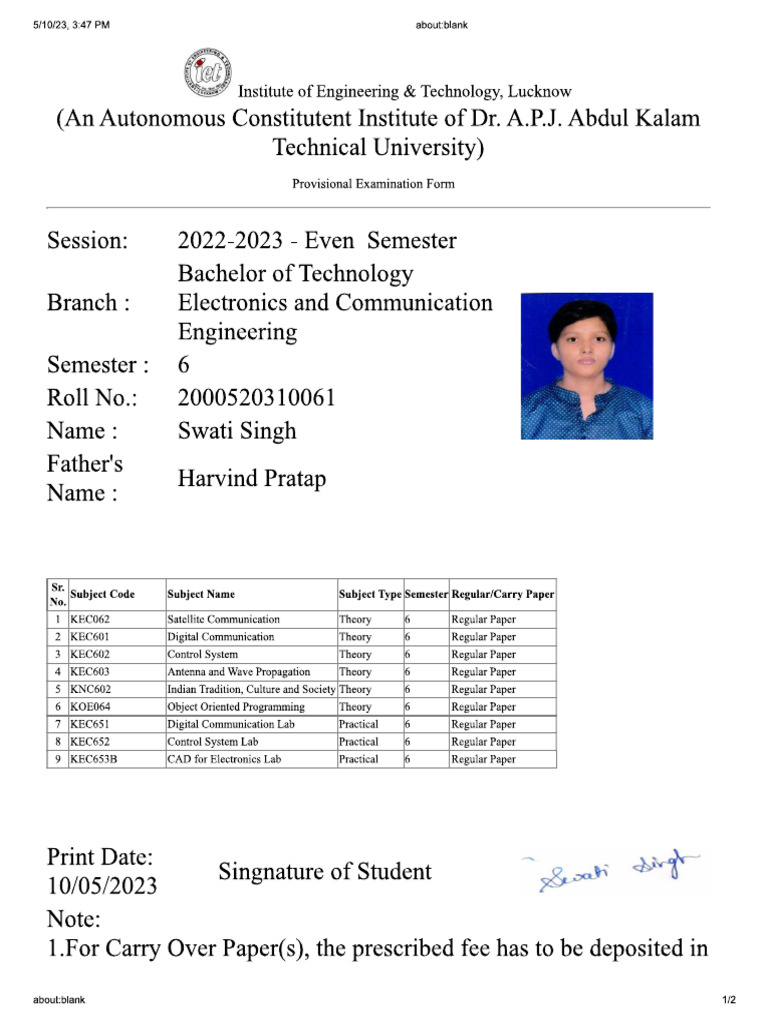 Exam Form - 6th Sem | PDF