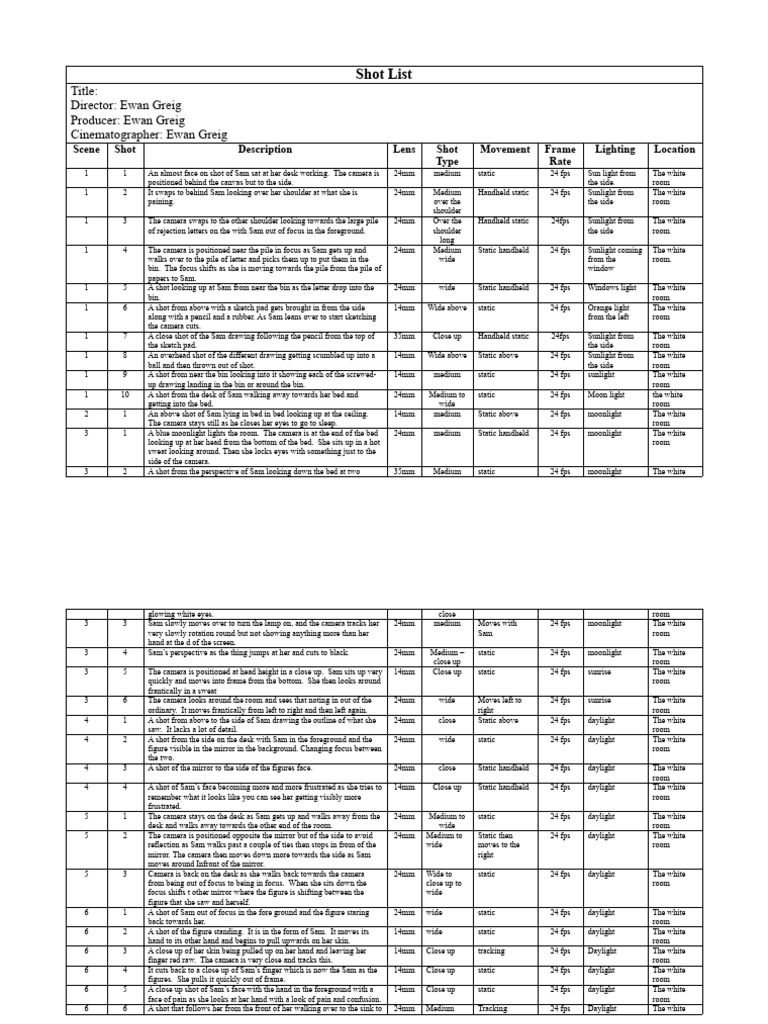 shot list | PDF | Camera | Cinematography