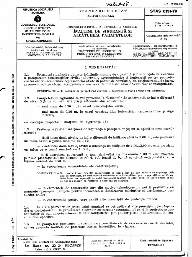 Stas 6131 79 Inaltimi de Siguranta Si Alcatuirea Parapetelor | PDF