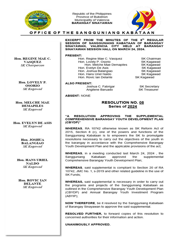 SK RESOLUTION - SINAYAWAN - No1 | PDF