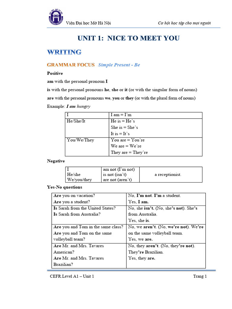 Unit 1 Nice To Meet You - Writing - 2 | PDF | Morphology | Linguistics