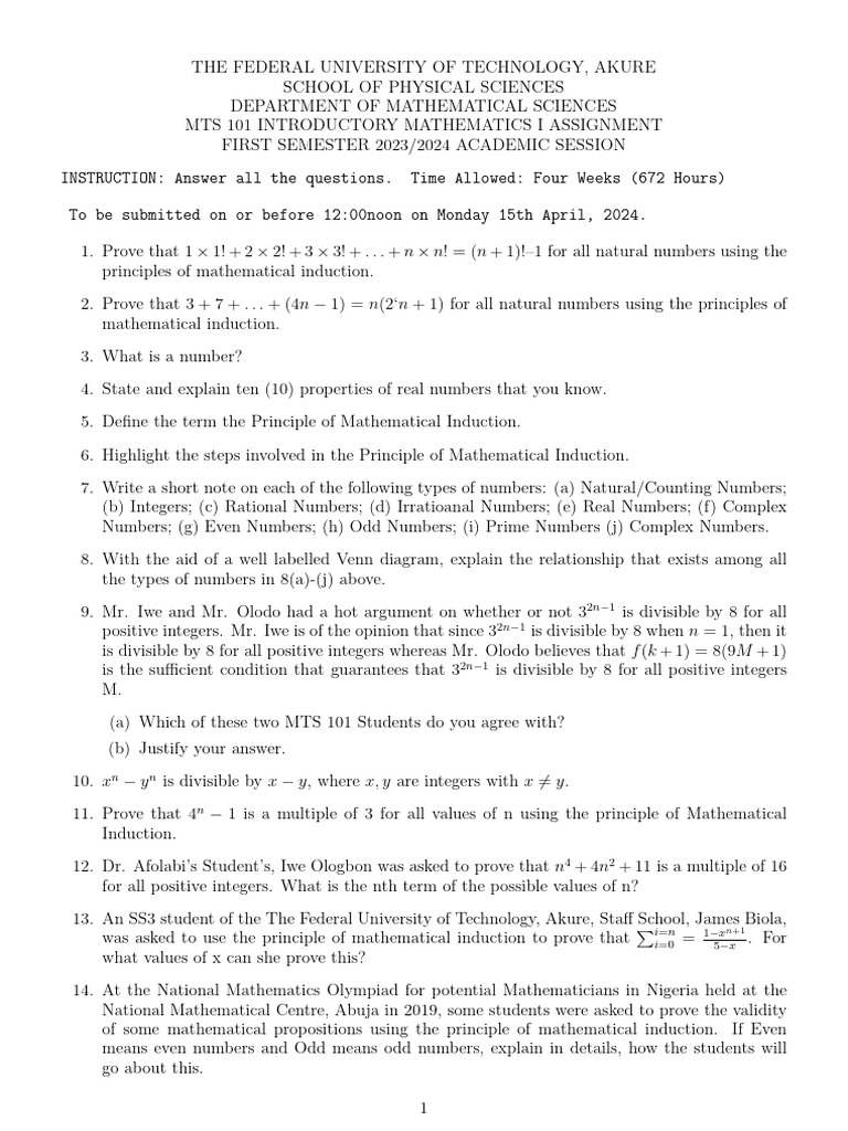 MTS 101 Assignment 20232024 | PDF | Mathematical Proof | Natural Number