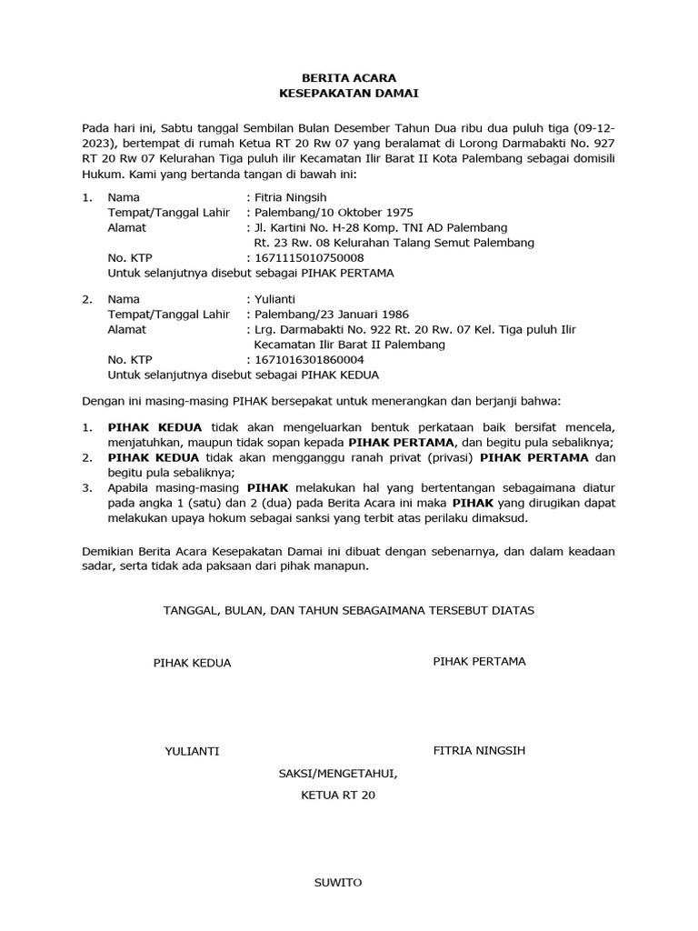 bERITA ACARA KESEPAKATAN DAMAI | PDF