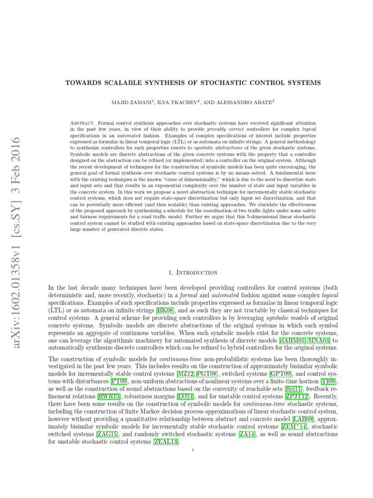 Towards Scalable Synthesis of Stochastic Control Systems | PDF | Stochastic Process | Discrete ...