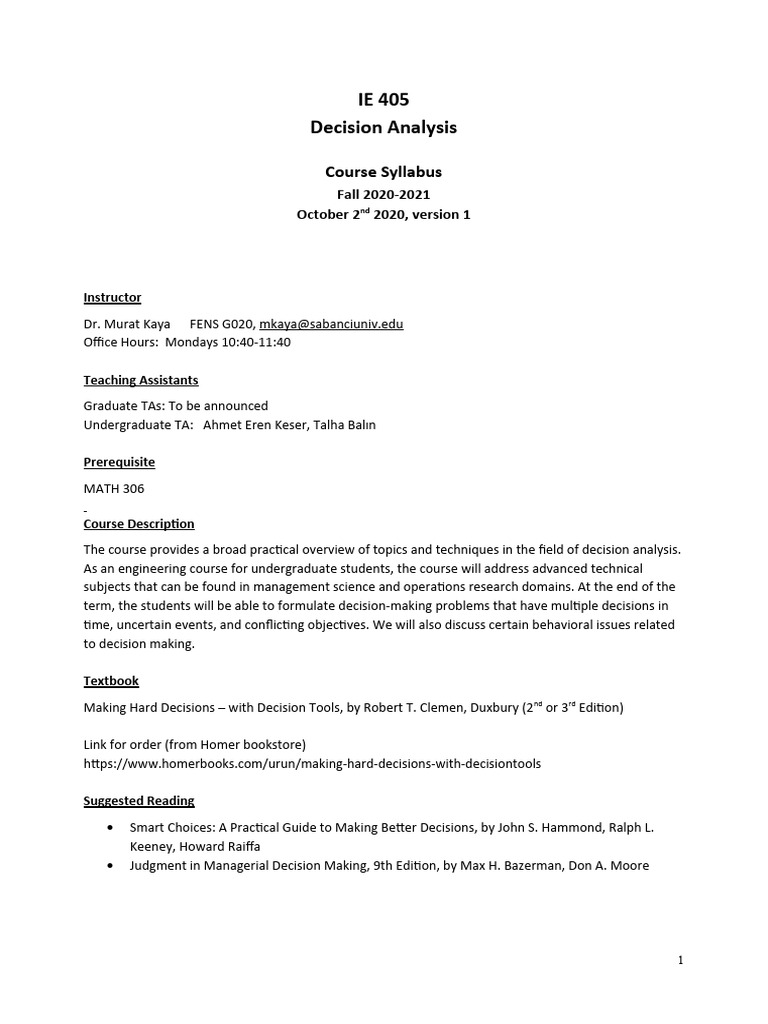 Decision Analysis Course Syllabus | PDF | Online And Offline | Decision ...