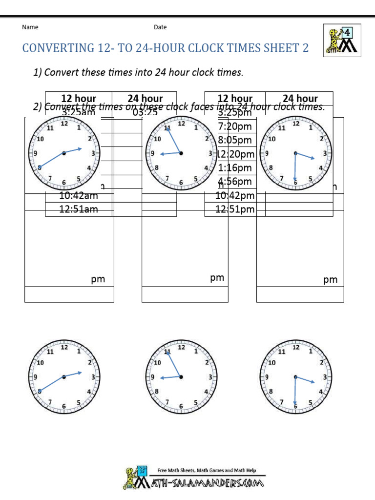 Convert 12 To 24 Hour Clock 2 | PDF | Teaching Methods & Materials ...