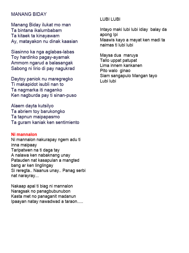 Manang Biday - Lubilubi - Mannalon | PDF