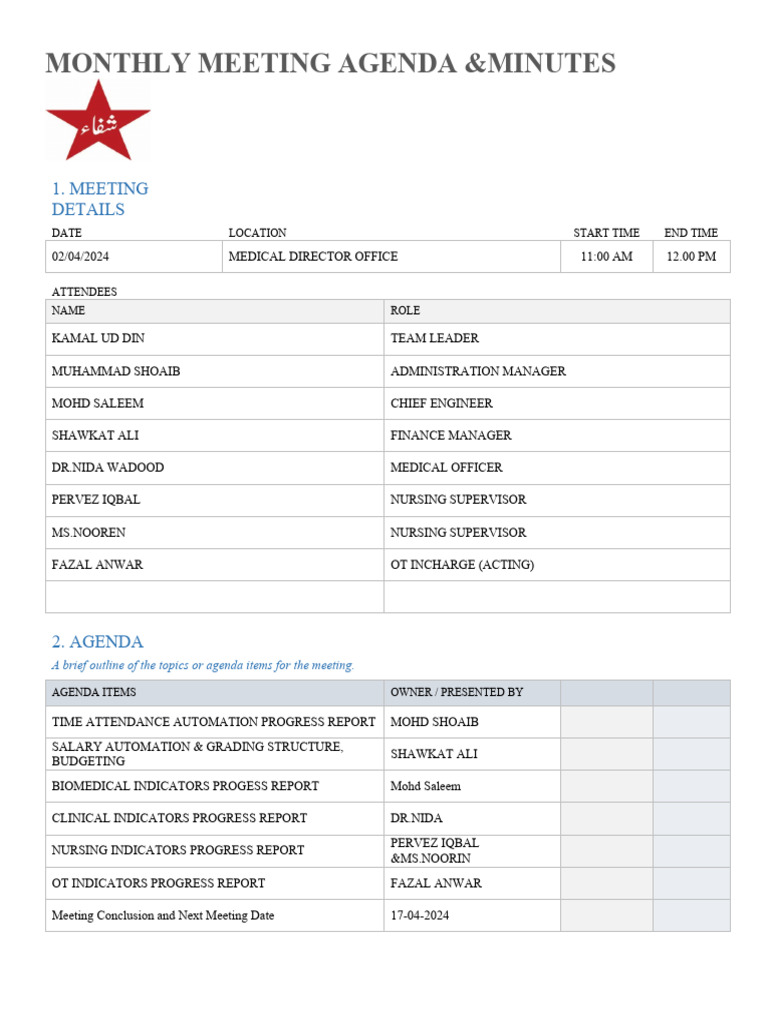 Medical Team Meeting Agenda | PDF | Health Care | Medicine