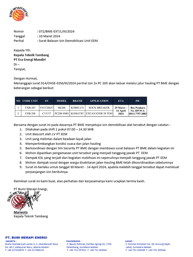 Izin Demobilisasi Unit EEM PT BME | PDF