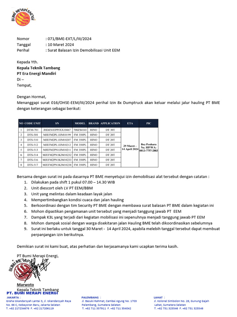 Surat Balasan Izin Demobilisasi Unit To EEM 2 | PDF