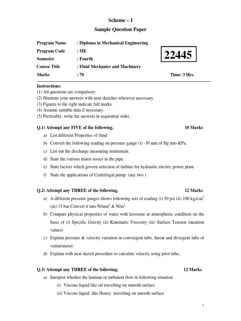 Sample-Question-Paper - Fluid Mechanics and Machinery | PDF | Pump ...