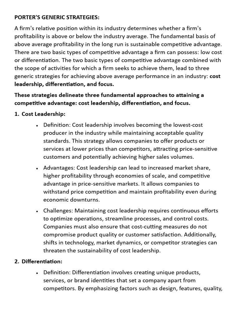 PORTER'S GENERIC STRATEGIES | PDF | Competitive Advantage | Strategic ...